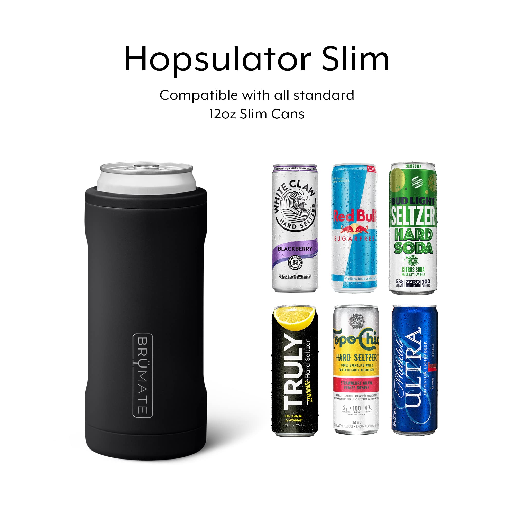 BrüMate Hopsulator Slim Can Cooler Insulated for 12oz Slim Cans | Skinny Can Insulated Stainless Steel Drink Holder for Hard Seltzer, Beer, Soda, and Energy Drinks (Denim)