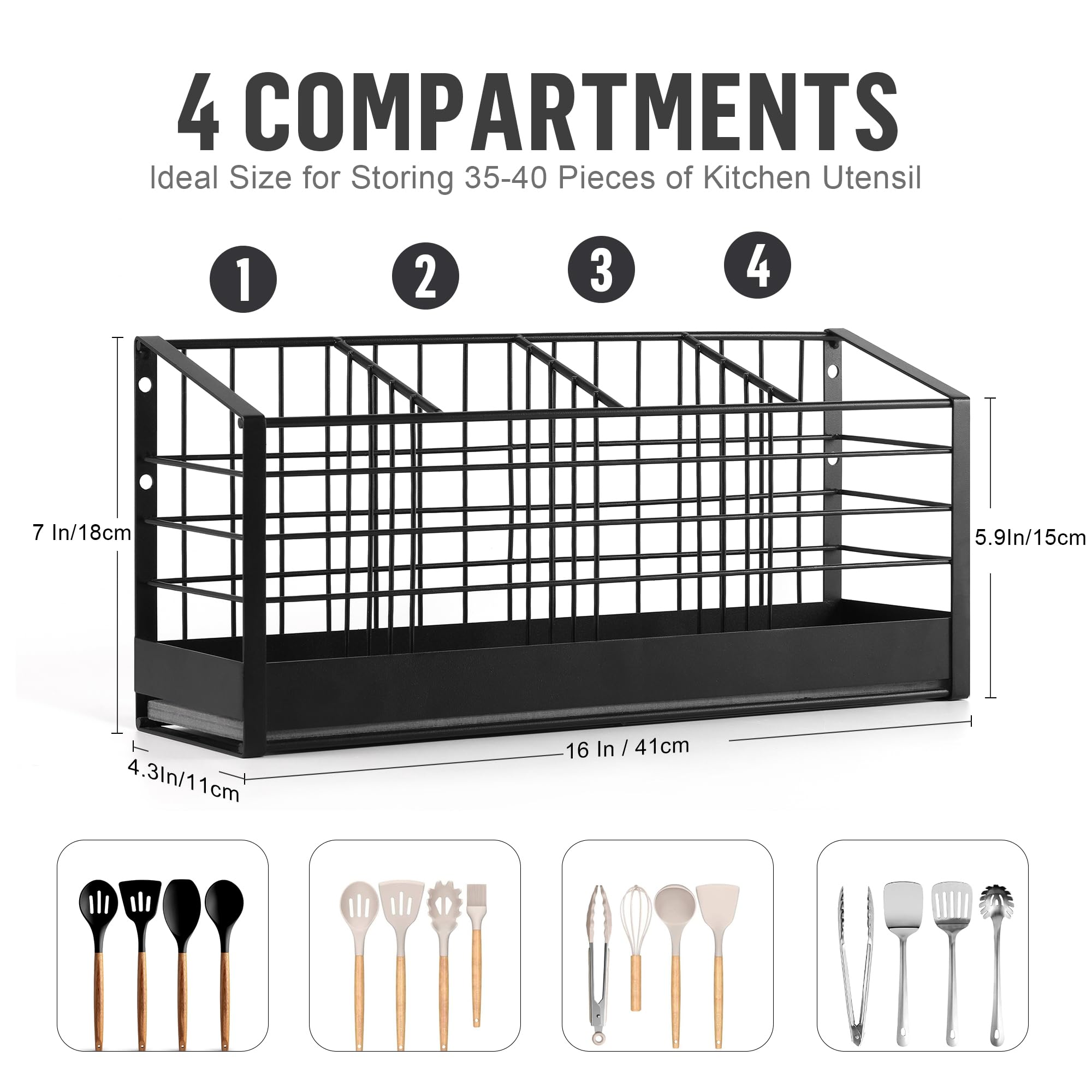 DTONIMA Large Utensil Holder for Kitchen Counter:Kitchen Cooking Utensil Holder Organizer with Diatomaceous Earth Base Matte Black (4 Compartments)