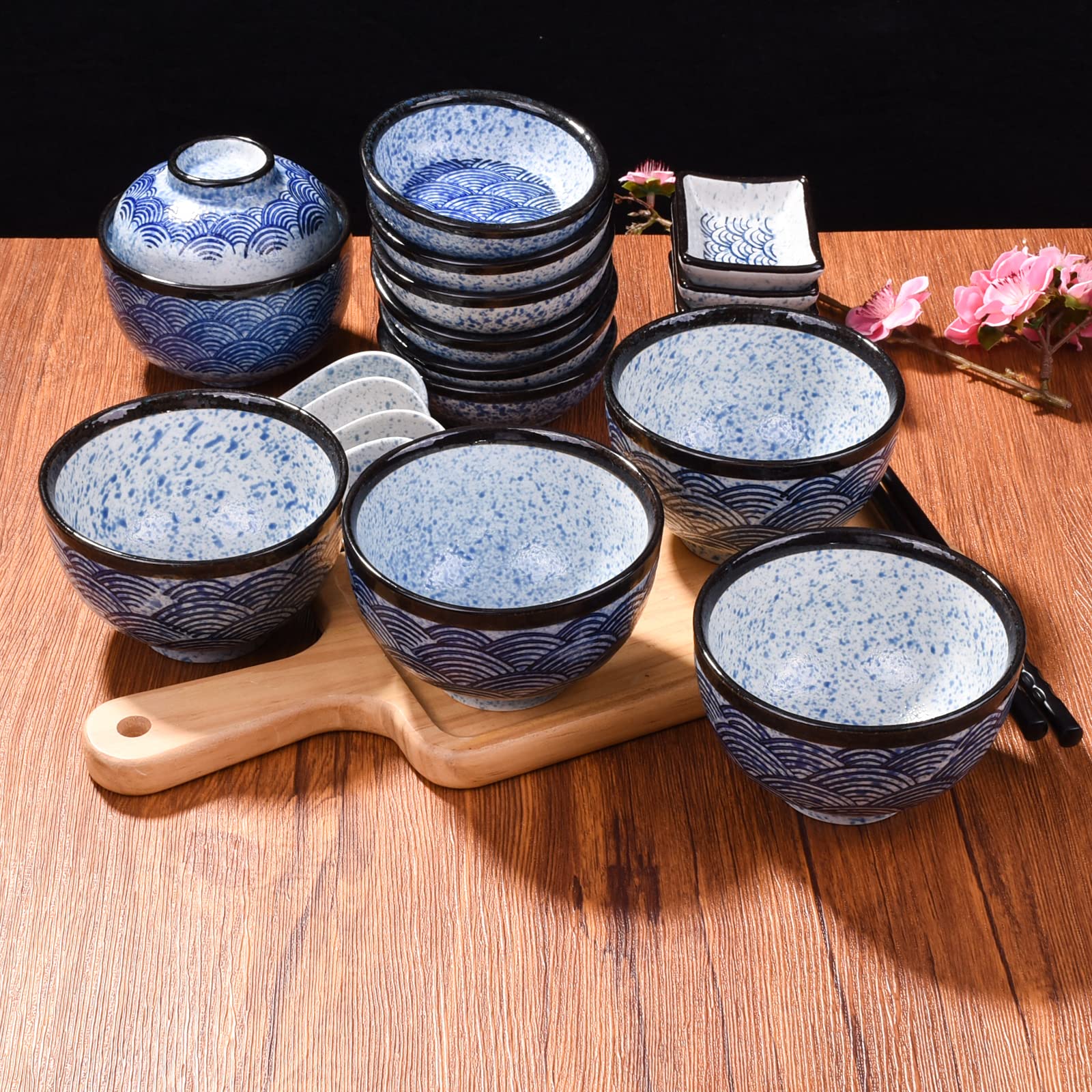 Cerficer Japanese Rice Bowl - 10.2oz Ceramic Sushi Bowl with Blue Wave Pattern,Thickened Bowl Wall,Perfect Small Bowl for Rice, Snacks, Desserts, and Sauces,Asian Rice Bowl Set