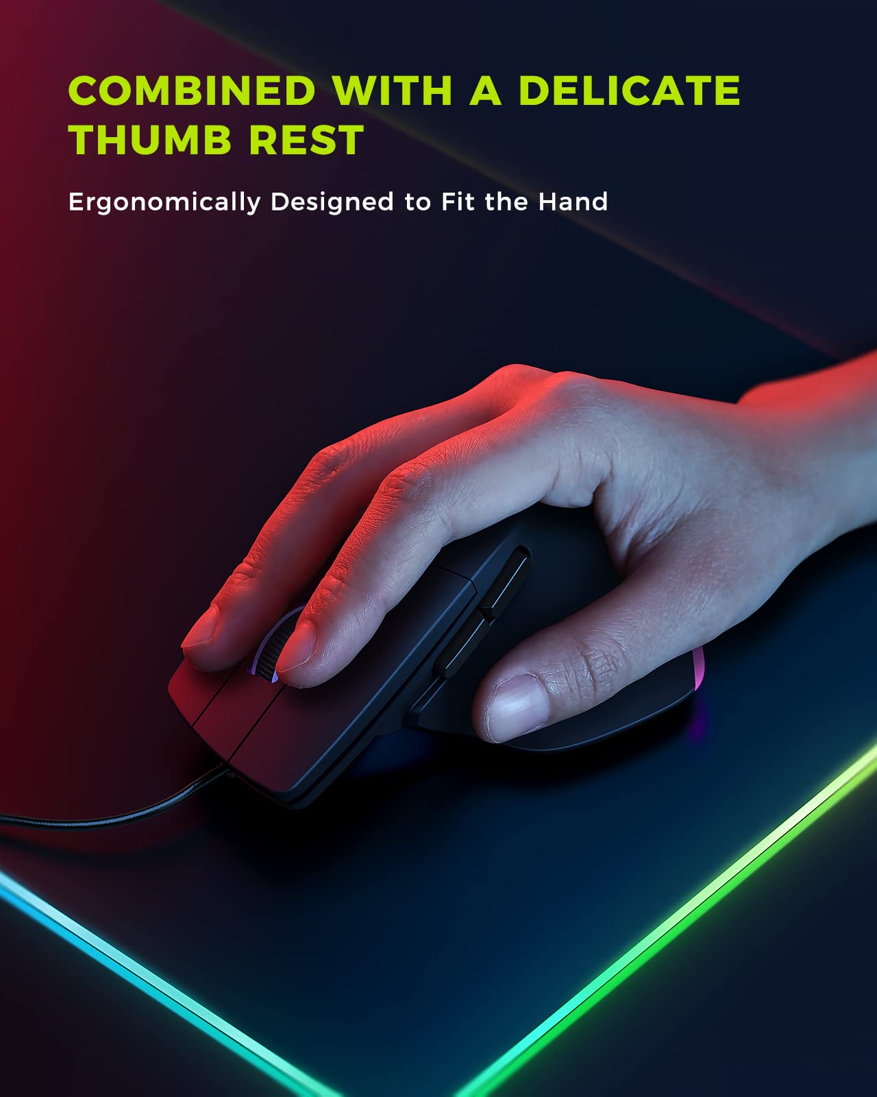 Wired RGB Mouse for Laptop, Ergonomic Computer Mouse, Quiet Click, 4-Level DPI, 7 Buttons, LED Light with Thumb Rest Mouse Compatible for PC/Desktop/Notebook/MAC/Gamer(for Right Hand, Large), Black