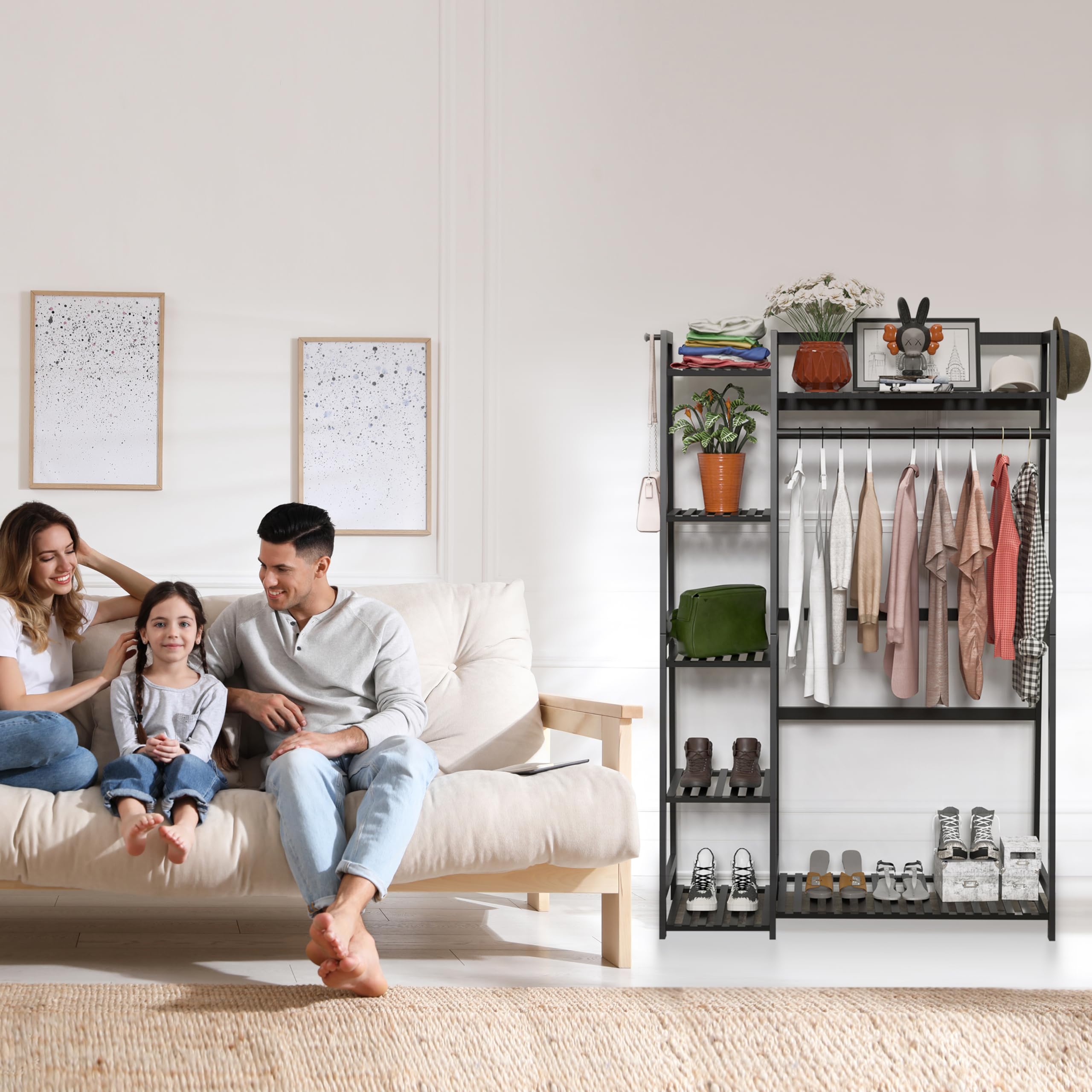 WTZ Clothes Rack for Hanging Clothes, Bamboo Garment Rack Heavy Duty Clothing Rack with Shelves for Living Room, Bedroom, Entryway, Bathroom (CR-538 White)