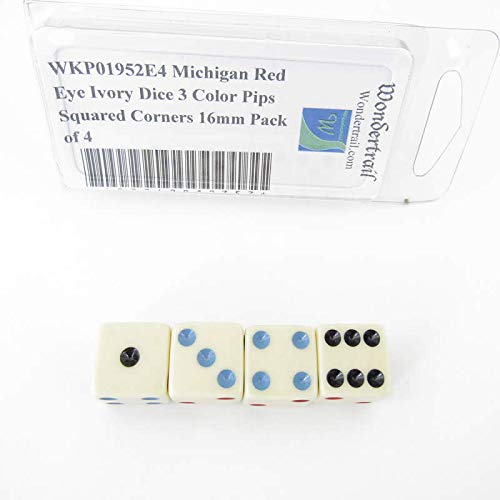 Michigan Red Eye Ivory Dice with 3 Color Pips Squared Corners 16mm (5/8in) Pack of 4 Wondertrail