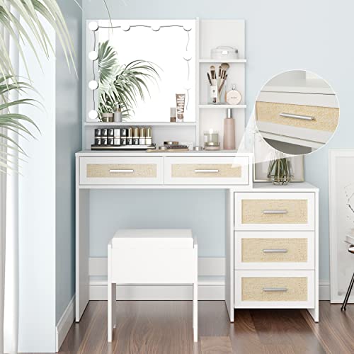 Maupvit Rattan Vanity Desk with Mirror and Lights, Boho Makeup Vanity Table Set with Nightstand, 5 Drawers & 10 Bulbs, Metal Silver Handle, 3 Open Shelves, Dressing Table with Cushioned Stool (White)