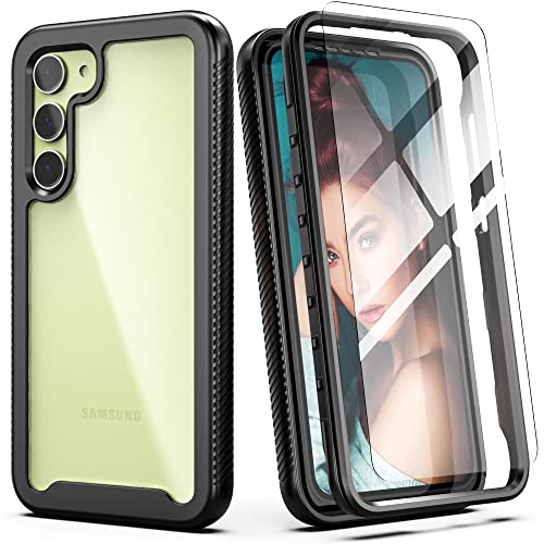 Galaxy S23 Case with Tempered Glass Screen Protector,IDweel Hybrid 2 in 1 Shockproof Slim Fit Transparent Heavy Duty Protection Shock Resistant Hybrid TPU Bumper Cover,Black Bumper/Clear
