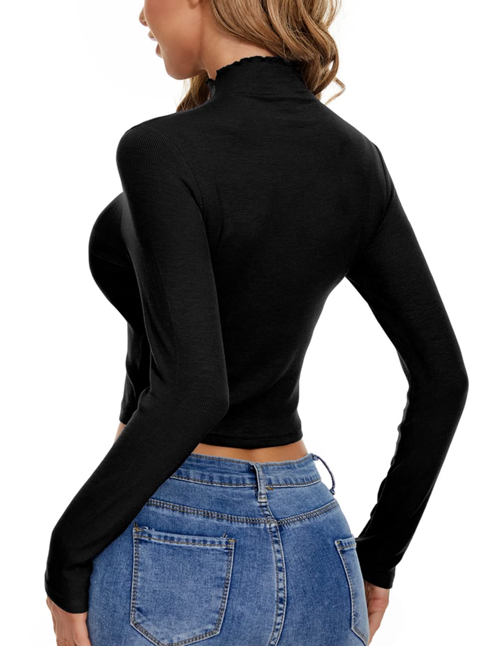 Black Long Sleeve Crop Tops for Women Cute Lettuce Edge Mock Turtleneck Crop Lightweight Base Layer Shirts Medium