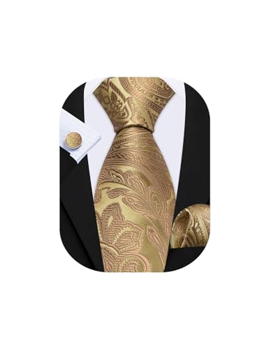 Barry.Wang Men Tie Set Paisley Gold Silk Necktie Pocket Square Cufflinks Formal Wedding Party Business Prom