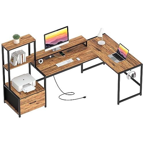 GreenForest 70 in L Shaped Desk with Drawers and Printer Stand and Full Size Bed Frame with Headboard Easy Assemble