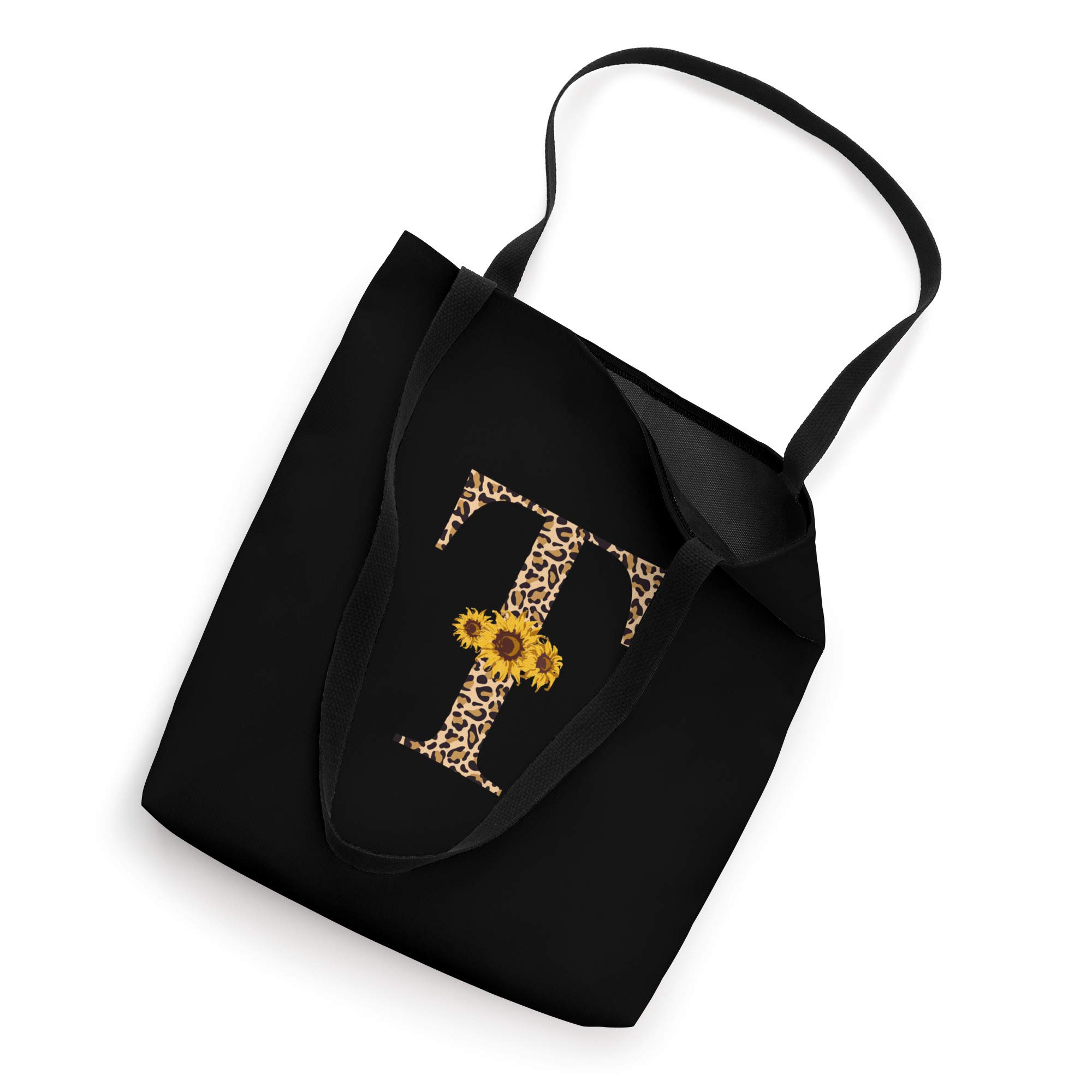 Black Monogram Letter T Initial Leopard Print Sunflower Gift Tote Bag