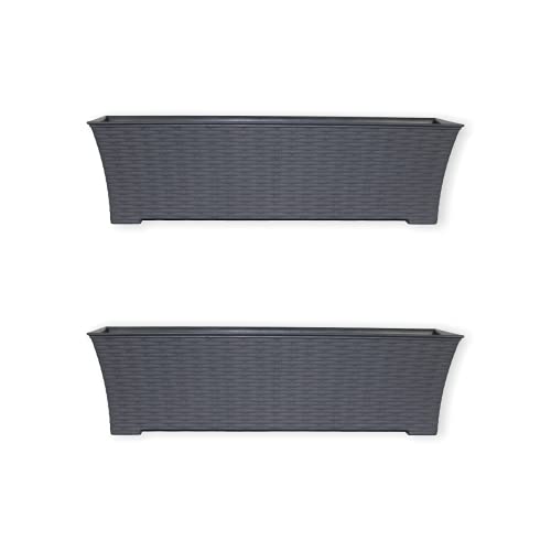 Elly Décor Set of 2 24x8 Rectangular Modern, Resistant and Self Watering Planter with Rattan-Like Finish, 24", Gray
