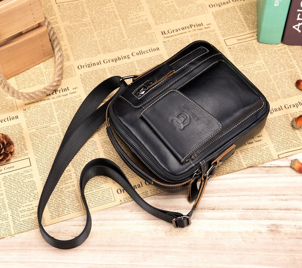 BULLCAPTAIN Genuine Leather Men Bags Small Shoulder Crossbody Bag for Men Everyday Casual Travel Messenger Bag Handbag (black)