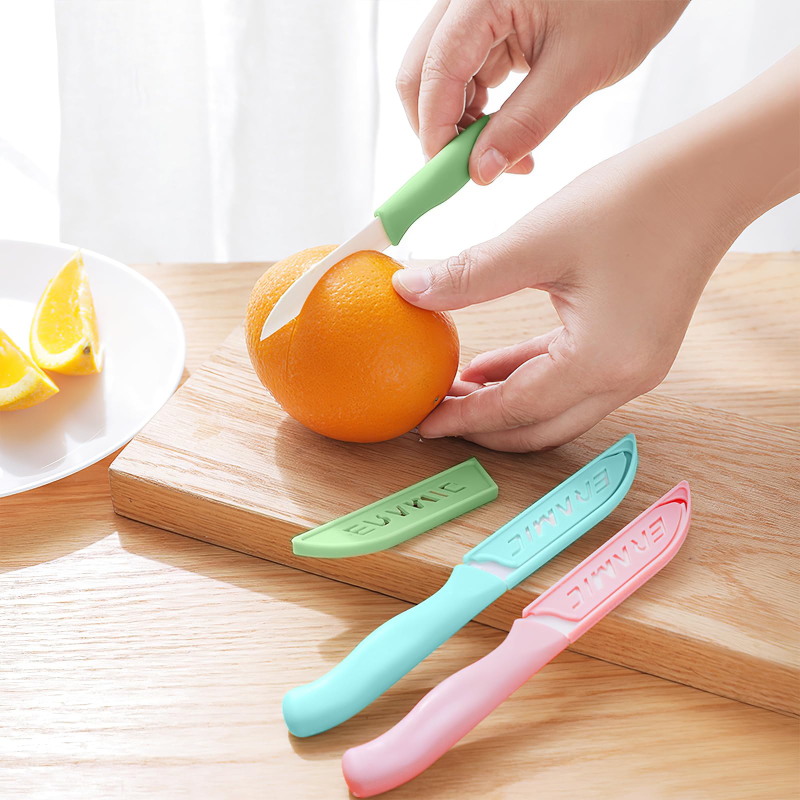 DUFEIMOY 3 Inch Ceramic Knife Set, Small Paring Knives Set of 3, Sharp Kitchen Knives with Sheath, Bright Colored Blue, Green, Pink Knife
