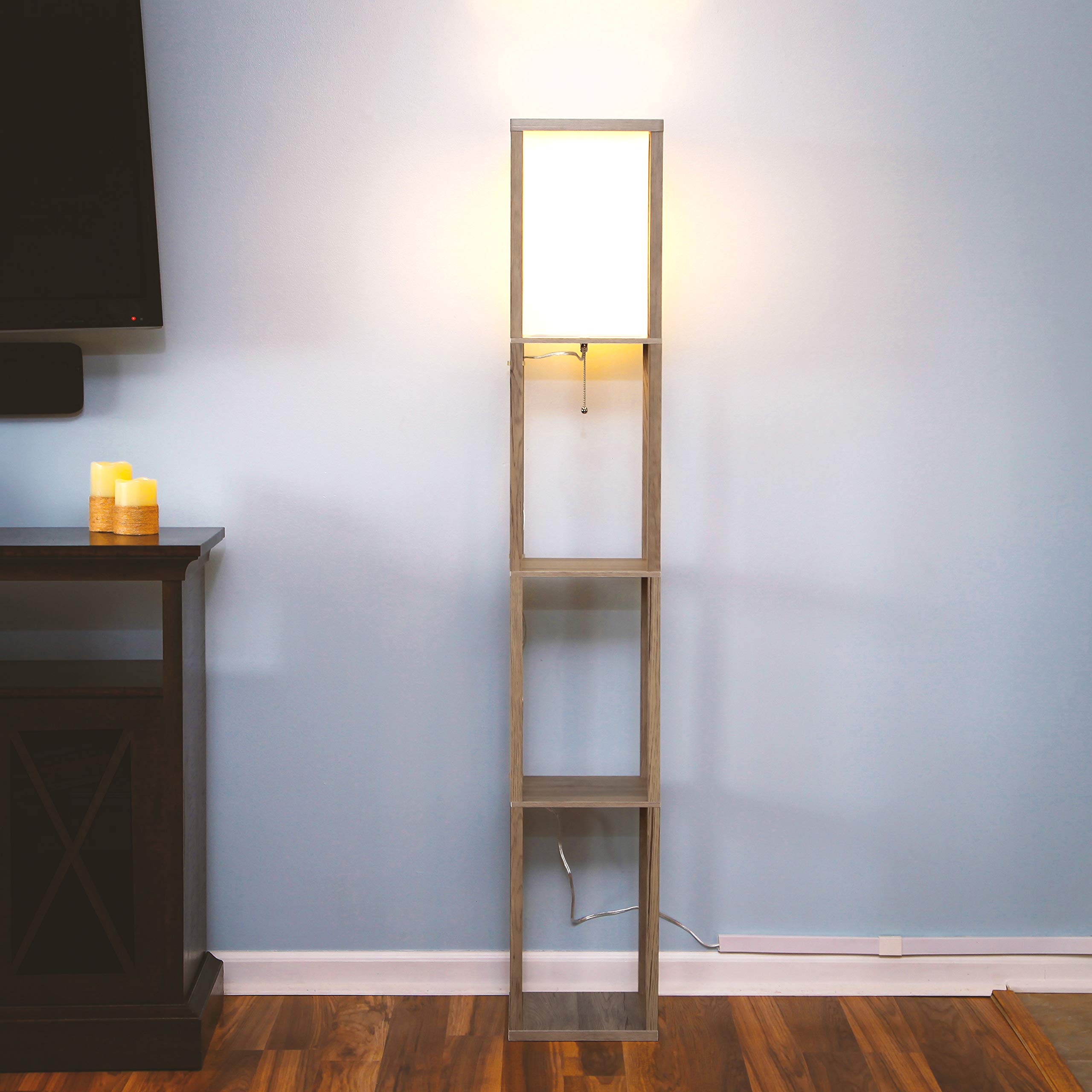 Brightech Maxwell - Modern Shelf Floor Lamp with Lamp Shade and LED Bulb - Coner Display Floor Lamps with Shelves for Living Room, Bedroom and Office - Rustic Wood