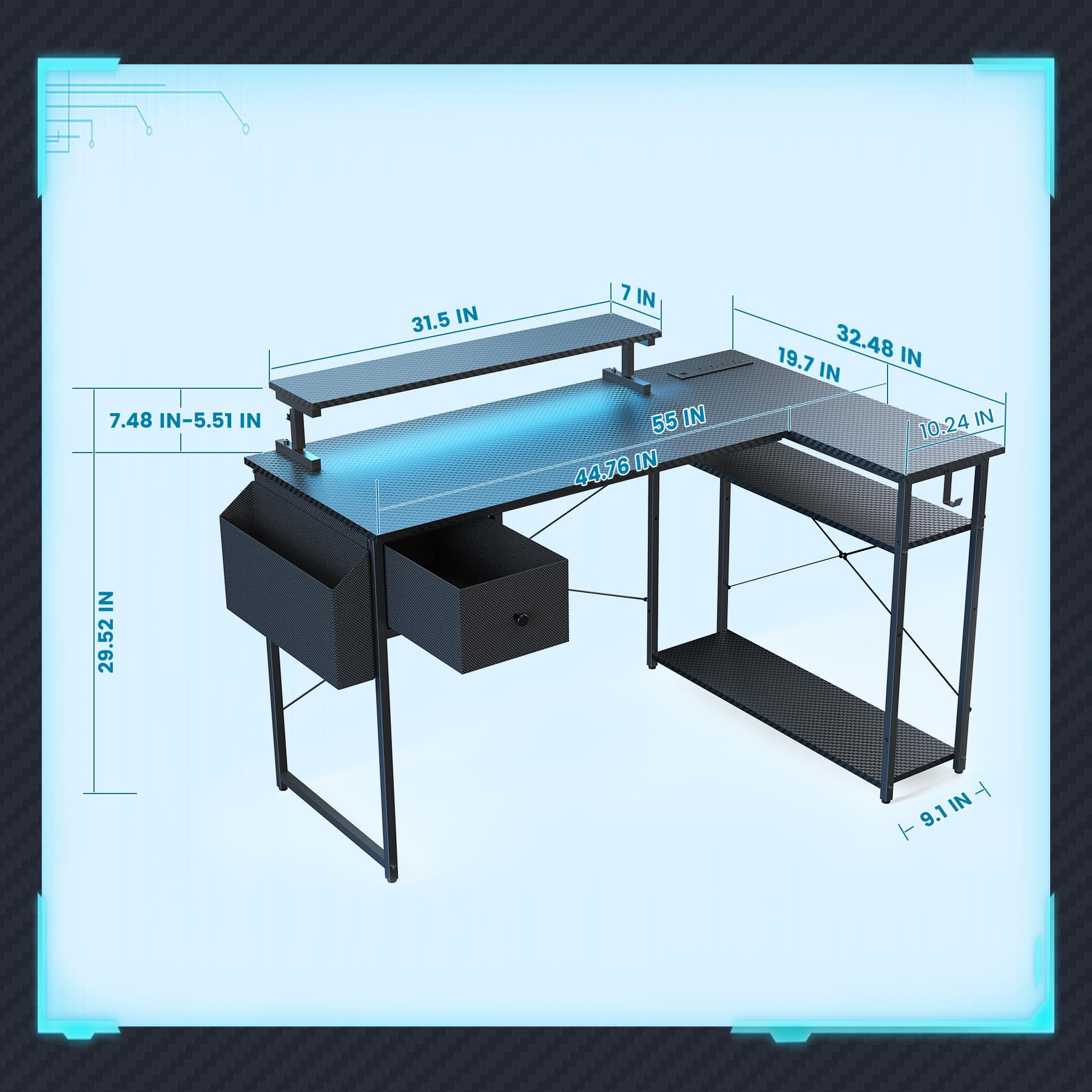 DOMICON L Shaped Gaming Desk, 55 Inch Computer Desk with Adjustable Stand & RGB Lights, Corner Desk for Power Outlet, Carbon Fiber Texture, Gaming Room
