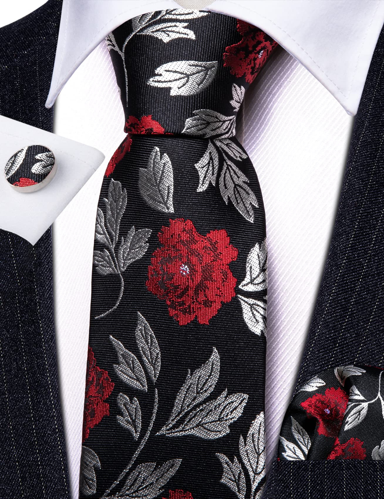Barry.Wang Men's Classic Floral Necktie Set,Black Red,One Size