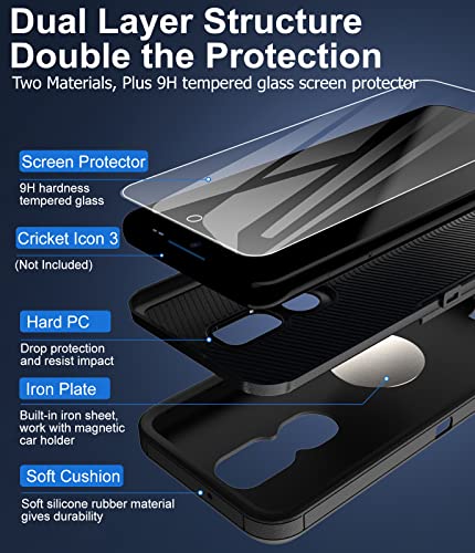 Dahkoiz Cricket Icon 3 Case, At&t Motivate 2, Cricket Splendor Phone Case with Screen Protector, Dust-Proof Port Cover, Magnetic Car Mount Support, Full Body Silicone Rubber Protection, Black