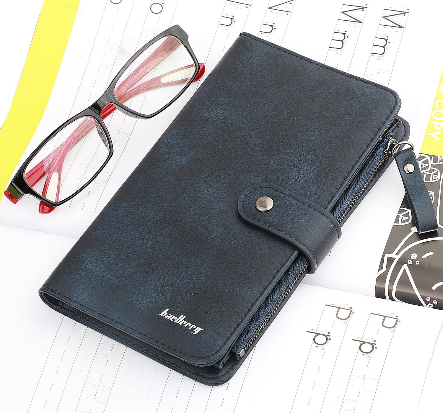 Wristlet Wallets for Men & Women, Leather Clutch Wallet with Card Slots Business Long phone Purse Multi Card Organizer (C224 Navy Blue)