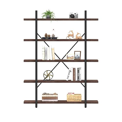 IBF 5 Tier Solid Wood Bookshelf, Industrial Natural Real Wood Metal Tall Bookcase, Modern Rustic Large Open Book Shelf Storage, Farmhouse Wide Etagere Bookcase for Office Living Bedroom, Rustic Gray