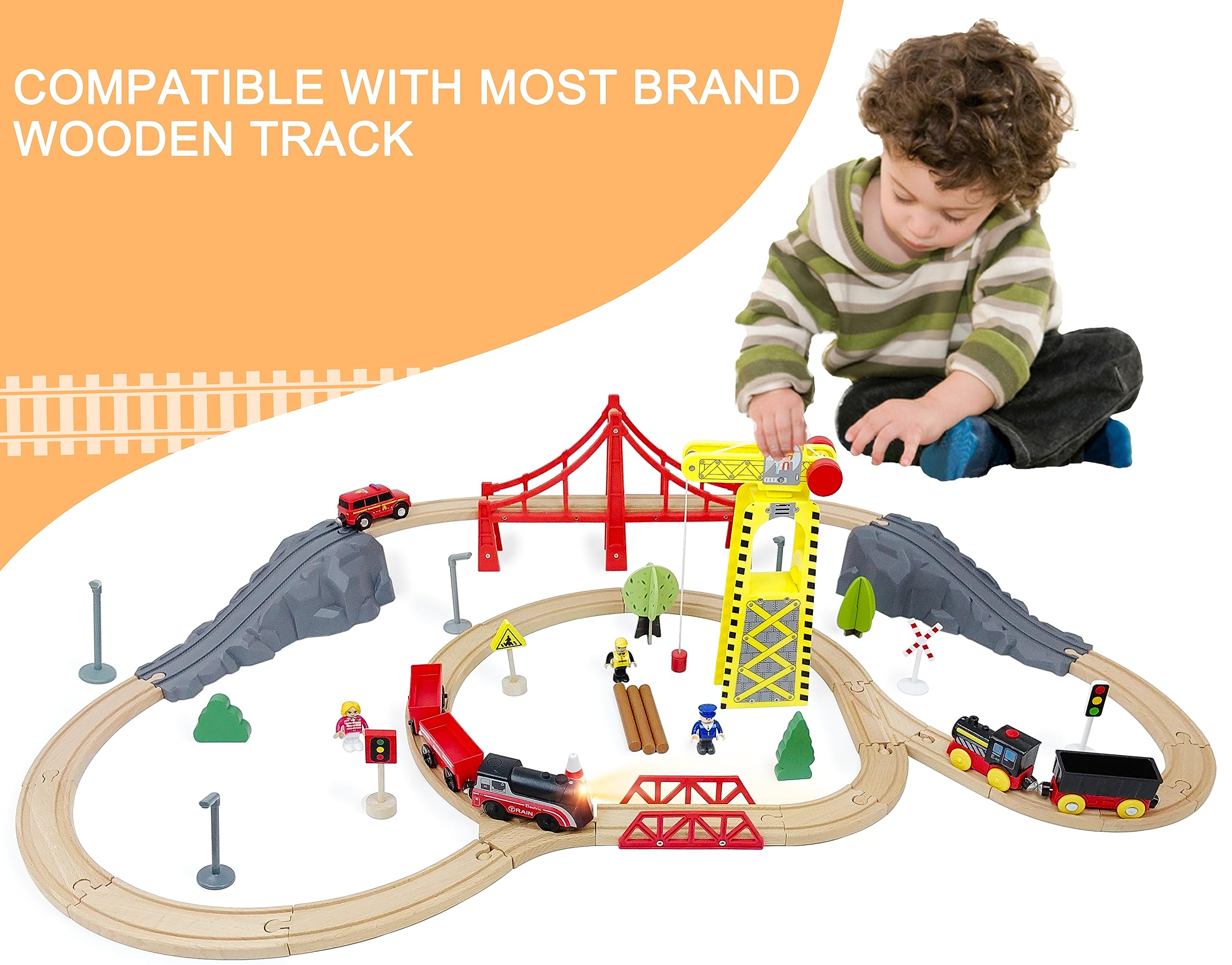Battery Operated Train for Wooden Track, Motorized Train for Toddlers 3+ Years Old, 3Pcs Train Toy Set Electric Train Compatible with Thomas, Brio, Chuggington, Melissa and Doug