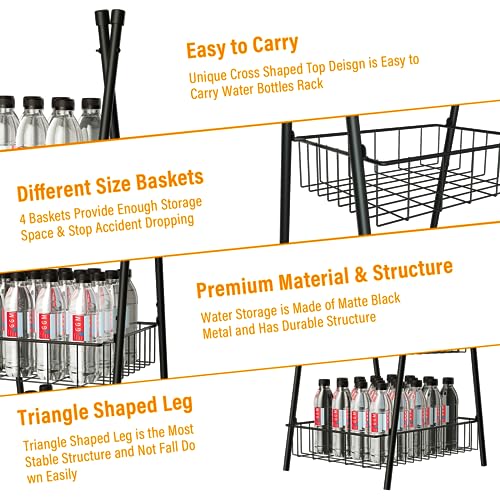 ETELI Water Bottle Organizer Storage 4 Tier Metal Drink Beverage Organizer Free Standing Triangular Water Bottle Rack Stand Holder Shelf for Kitchen Pantry, Black