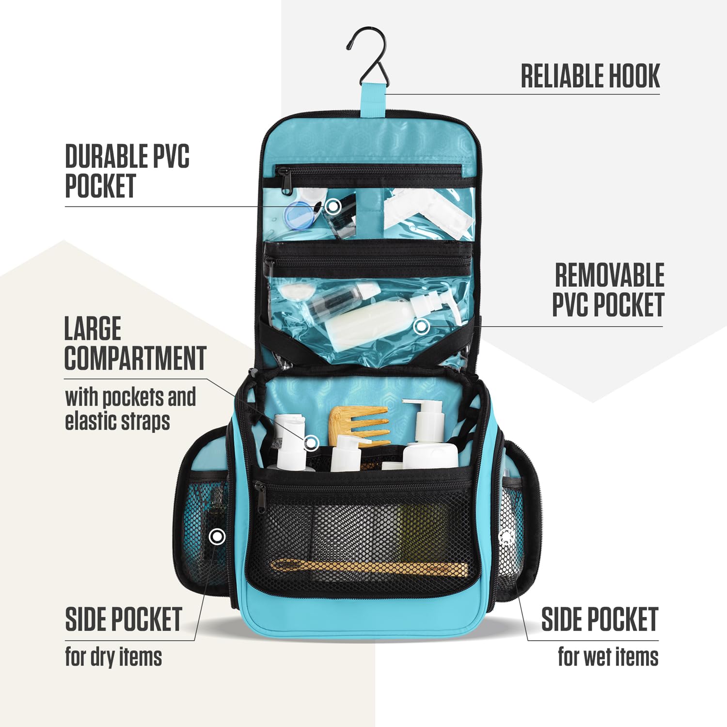 VENTURE 4TH Hanging Travel Toiletry Bag for Women & Men - Travel Organizer with Expandable Compartments & Removable Clear Pouch for Toiletries (Light Blue)