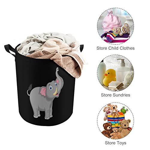 Cute Elephant Cartoon Laundry Basket Round Collapsible Storage Bin with Drawstring and Handle for Bedroom Bathroom Toys Room 17.3" X 13.8"