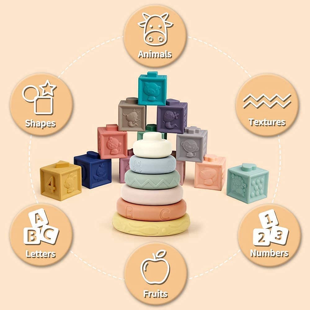 Mini Tudou Baby Blocks & Stacking Rings Toy Set, Baby Sensory Building & Teething Toys Educational Squeeze Play with Animals Shapes Textures Numbers, Holidays for Toddlers Babies 6m+