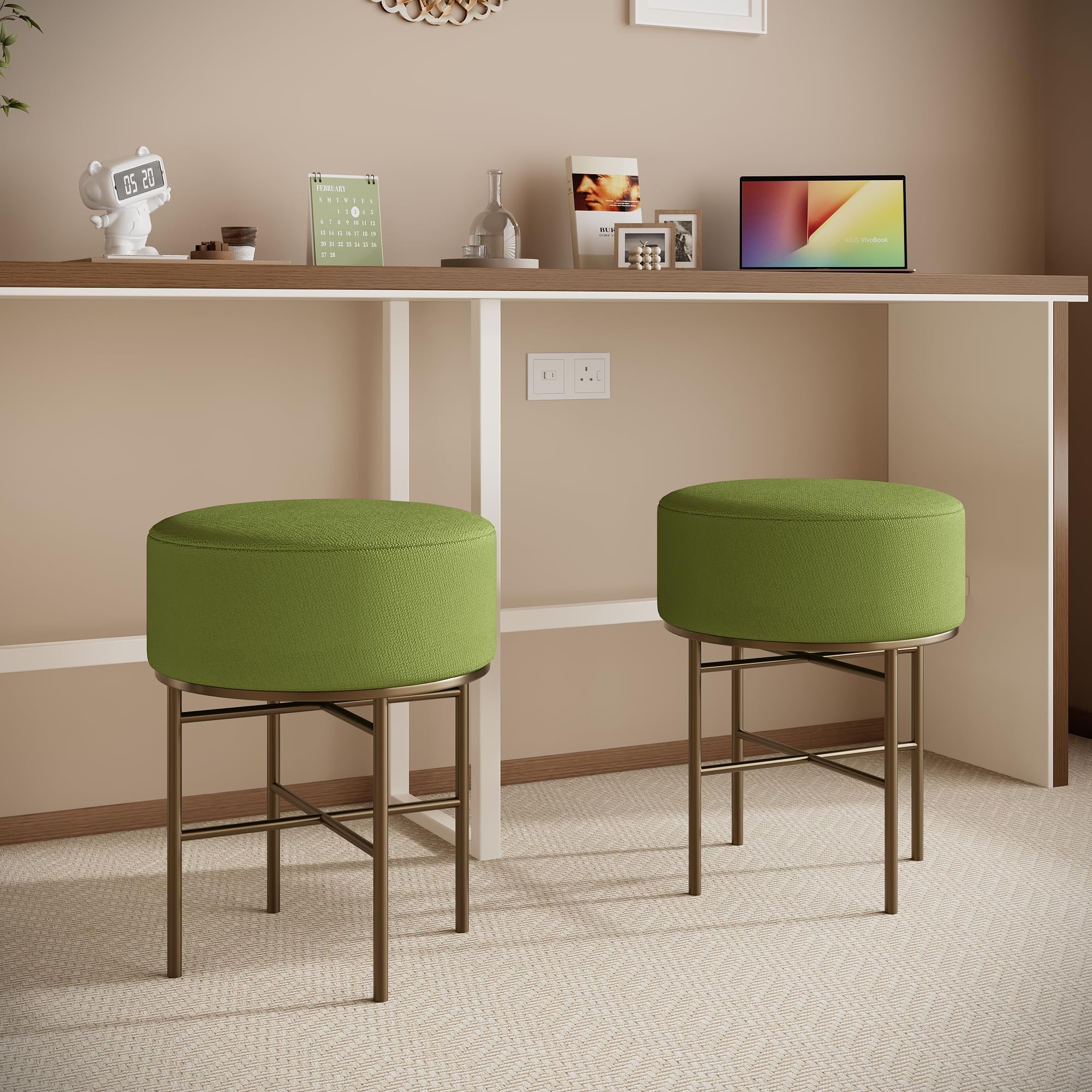 Cute Vanity Chair, Small Makeup Vanity Stool Set of 2, Linen Upholstered Stool Chair for Desk, Modern Round Foot Stools Ottoman with Gold Legs for Girls Makeup Room Living Room Bedroom (Green, 14.9")