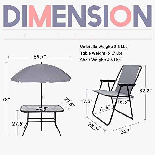 JOYTIO Folding Patio Dining Set, Garden Patio Furniture Set, 8-Piece Outdoor Dining Set with Tilted Removable Umbrella, 6 Folding Chairs, and 1 Rectangular Tempered Glass Table β Grey