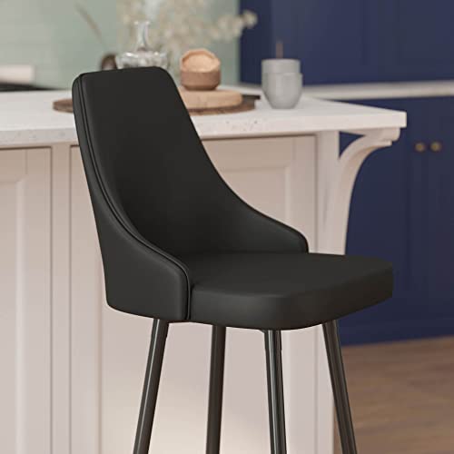Flash Furniture Shelly Set of 2 Commercial Bar Height Bar Stools - Black LeatherSoft Upholstery - Black Metal Frames - 30" High - Chrome Feet and Footrests