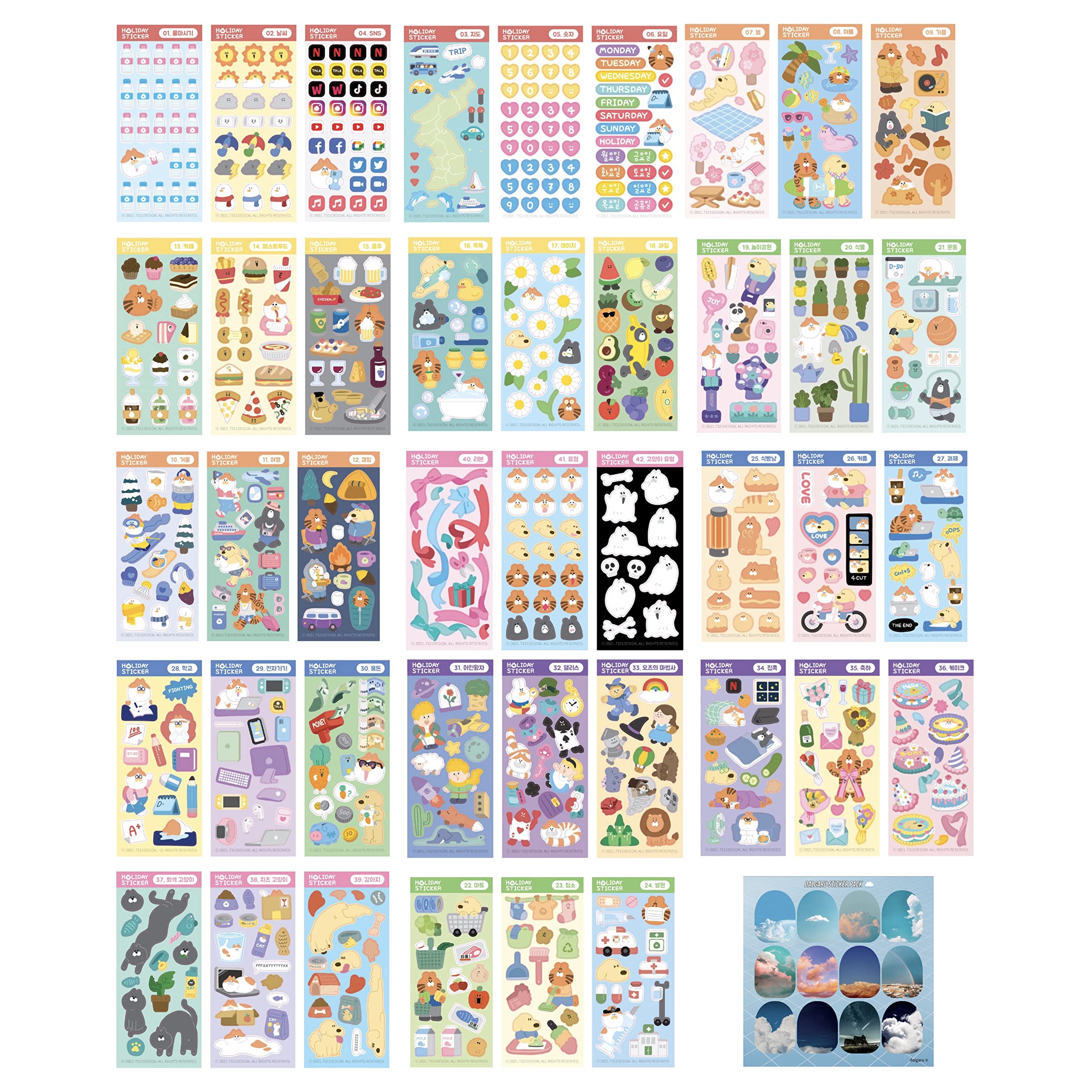 Cute Essential Kawaii Korean Removable Aesthetic Stationery BULK Sticker Pack - 42 Sheets (Total 650+) & 1 dalgaru cloud sticker sheet for polco, toploader, photocards, planners, diaries, journals, scrapbooks / gift for for girls, women, college, school