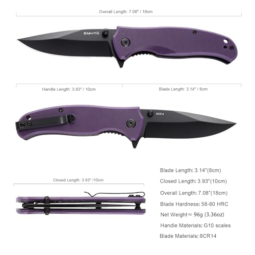 EMHTiii Pocket Knife Folding Knives: 3.14" Stainless Steel Black Blade