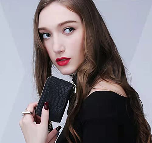 ZHSH Small Rfid Blocking Full-grain Leather Wallet, Zipper Credit Card Holders, ID Case Organizer Purse (Black/Embossed crocodile)