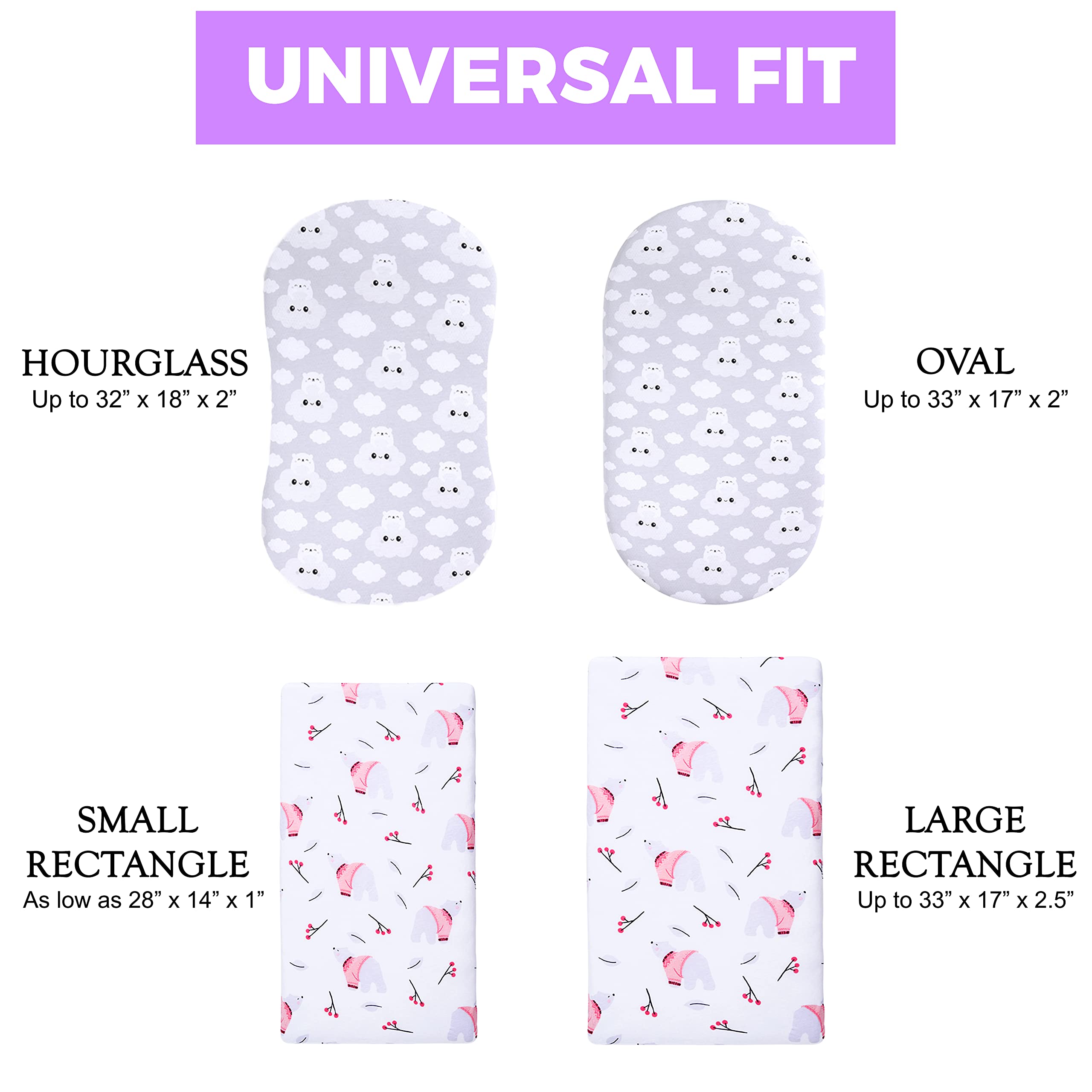 BREALIZE – Baby Bassinet Sheet, 100% Jersey Cotton – 2 Pack – 32 x 16 x 4 inches, Universal Fitted Bassinet Sheets for Baby Girls and Boys with Cloud and Bear Pattern – Color Grey and White