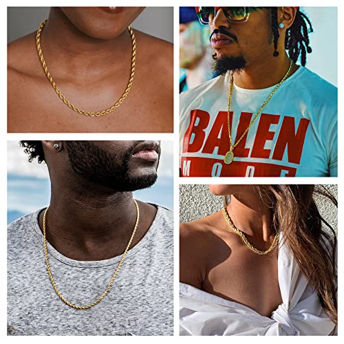 Gold Plated Necklace for Men 2.5MM 18 Inches Stainless Steel Twist Rope Chain for Women Boys