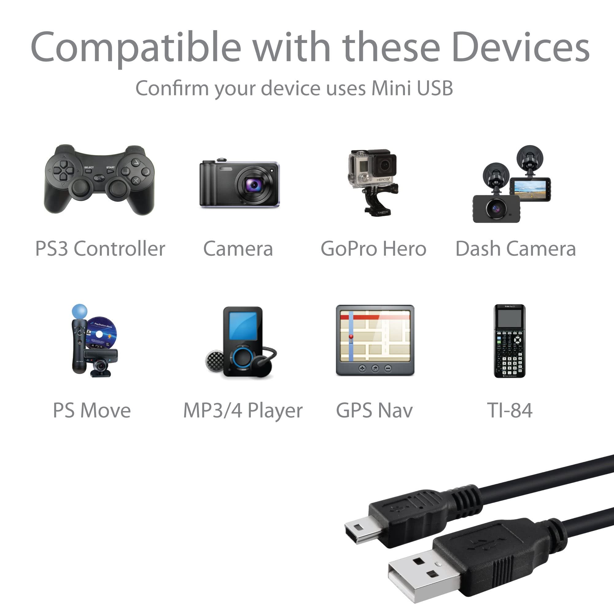 Bek 6ft PS3 Controller Charger Cable - Magnetic Ring Mini USB Data Charging Cord for PS Move PlayStation 3 Wireless Controller, Digital Camera, TI84 Plus CE - 2 Pack Bundle