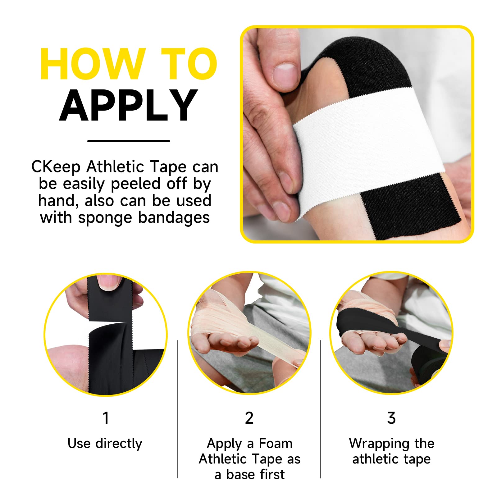 CKeep Athletic Tape, 45ft Per Roll, Easy to Tear and No Residue, Sport Tape for Strains and Sprains, Hypoallergenic and Breathable (3 Black)