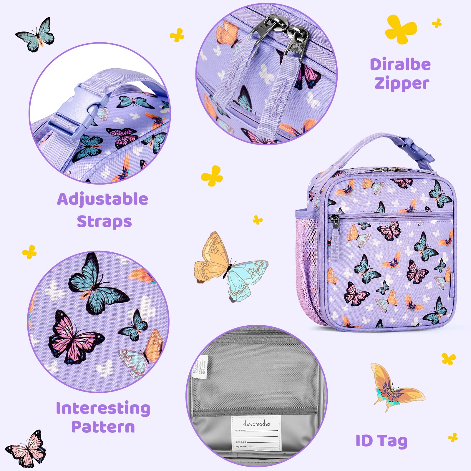 Choco Mocha Girls Lunch Box for School, Butterfly Lunch Bag for Kids, Purple