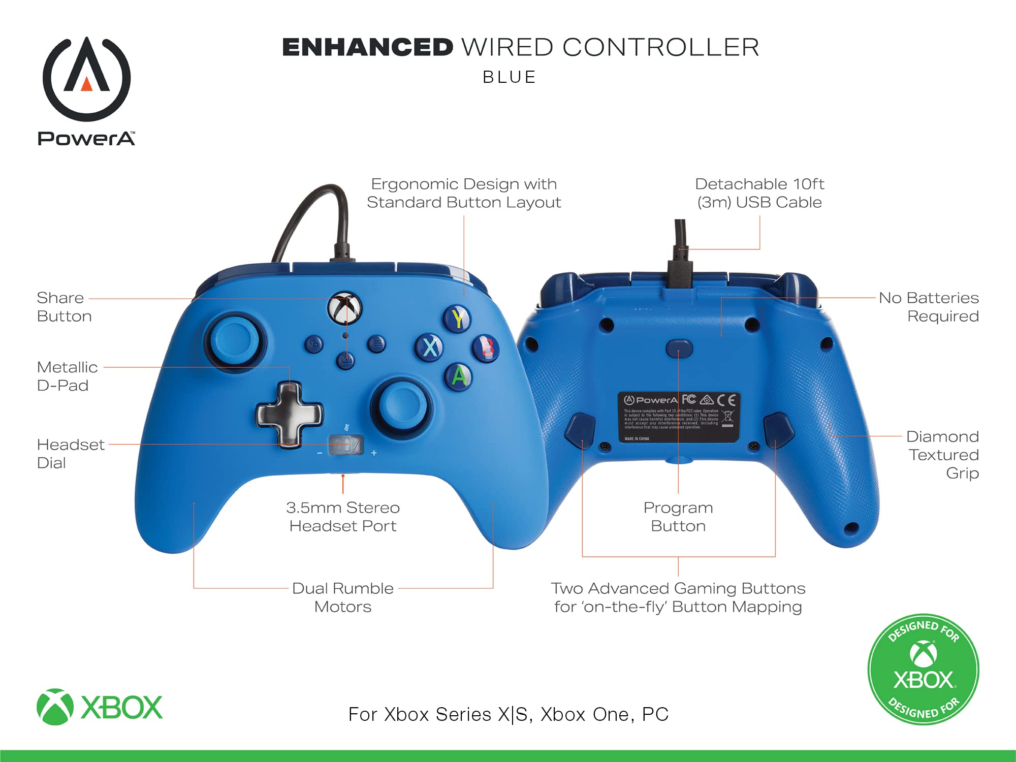 PowerA Enhanced Wired Controller for Xbox Series X|S - Blue, Officially Licensed for Xbox
