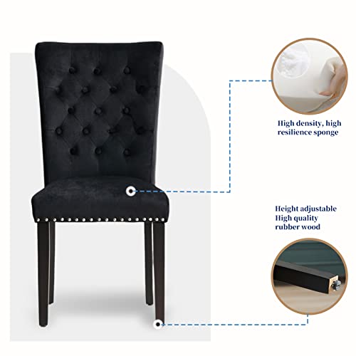 Restworld Velvet Fabric Dining Chair Set of 2 with Button & Nailhead Decoration, Tufted Upholstered Chair for Bedroom & Dining Room, Modern Luxury Style Solid Wood Legs (Black)