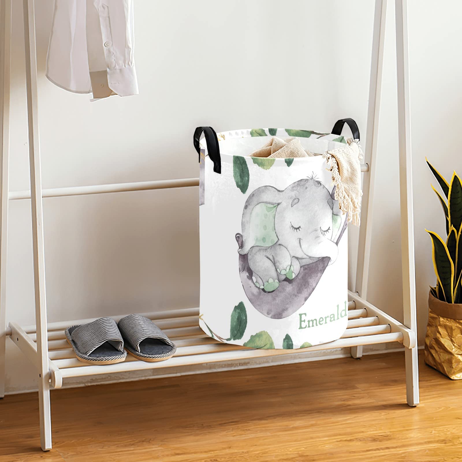 Custom Green Watercolor Elephant Laundry Basket Handles Collapsible Hamper Foldable Storage Bin Living Room Office Bathroom Bedroom