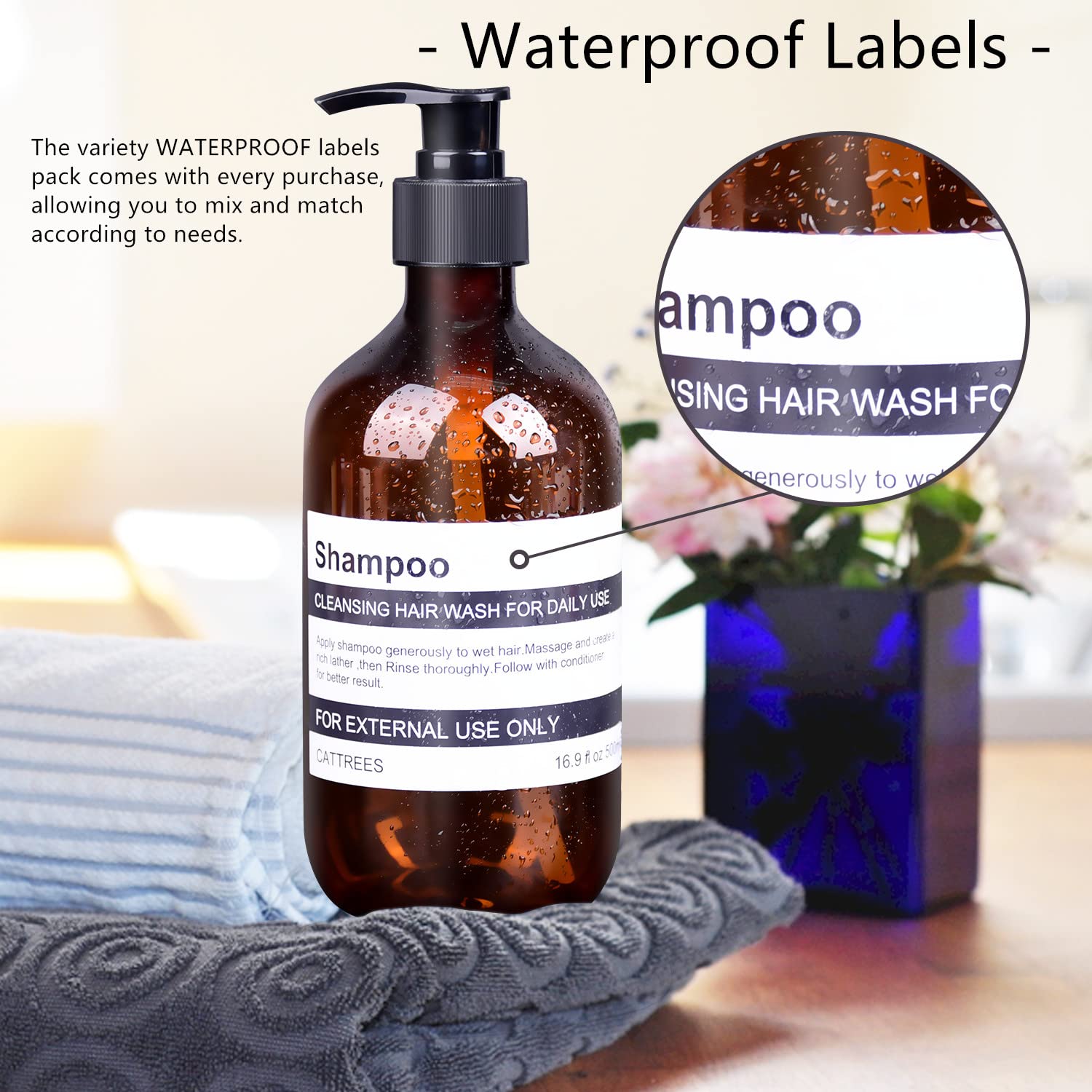 CATTREES 4 Pack Shampoo and Conditioner Bottles for Bathroom,16 oz Empty Amber Plastic Bottles with Pump & 6 Waterproof Labels for Hand,Lotion,Refillable Shampoo Conditioner and Shower Gel Dispenser.