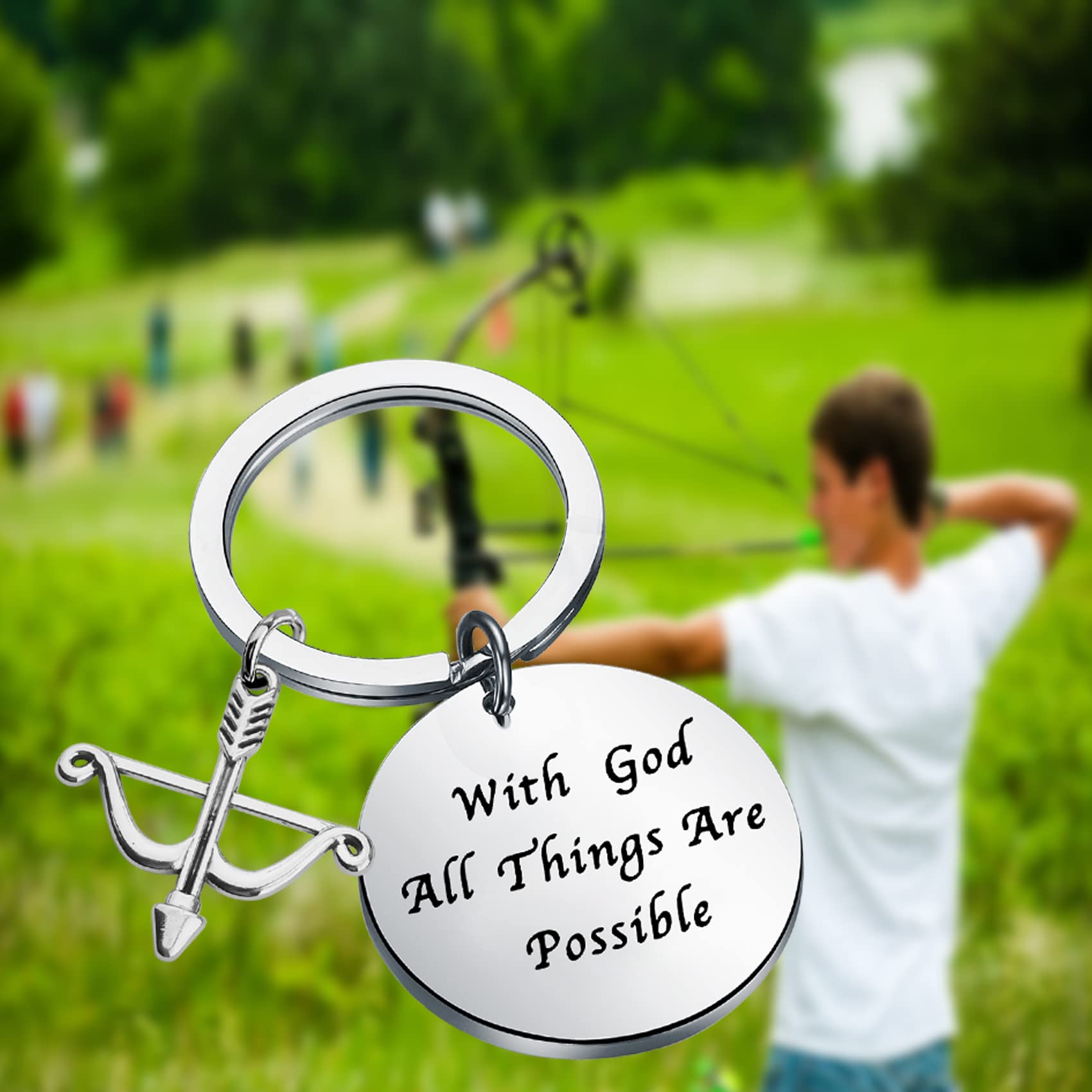 BEKECH Archery Sport Player Gift With God All Things Are Possible Arrow Bowhunting Charm Keychain for Archery Team Archery Lover Hunting Lover (silver)