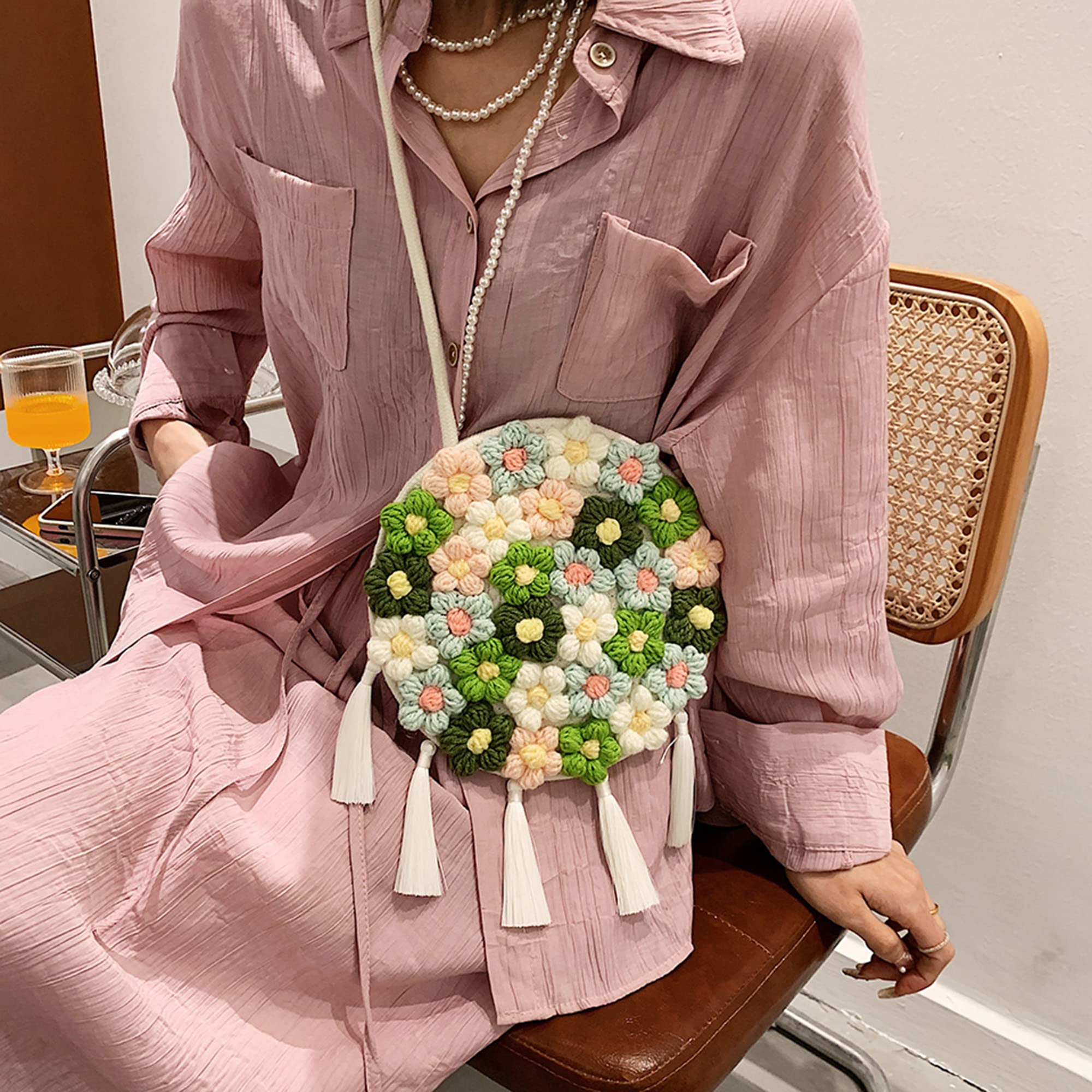 CHIC DIARY Handwoven Crossbody Handbag for Women Summer Beach Flower Shoulder Bag Small Cotton Crochet Round Purse (White)