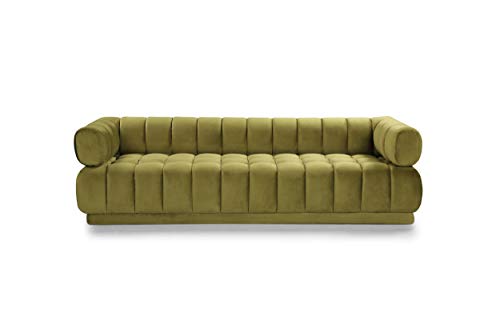 Iconic Home Quebec Sofa Velvet Upholstered Vertical Channel-Quilted Shelter Arm Tufted Design Modern Contemporary, Green