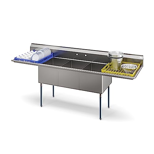 KoolMore 102 in. Three Compartment 18-Gauge Stainless-Steel Commercial Kitchen Sink, Bowl Size 18x24x14, with Three Basins for Washing and Rinsing Dishes with Two Drainboards (KM-SC182414-24B3)