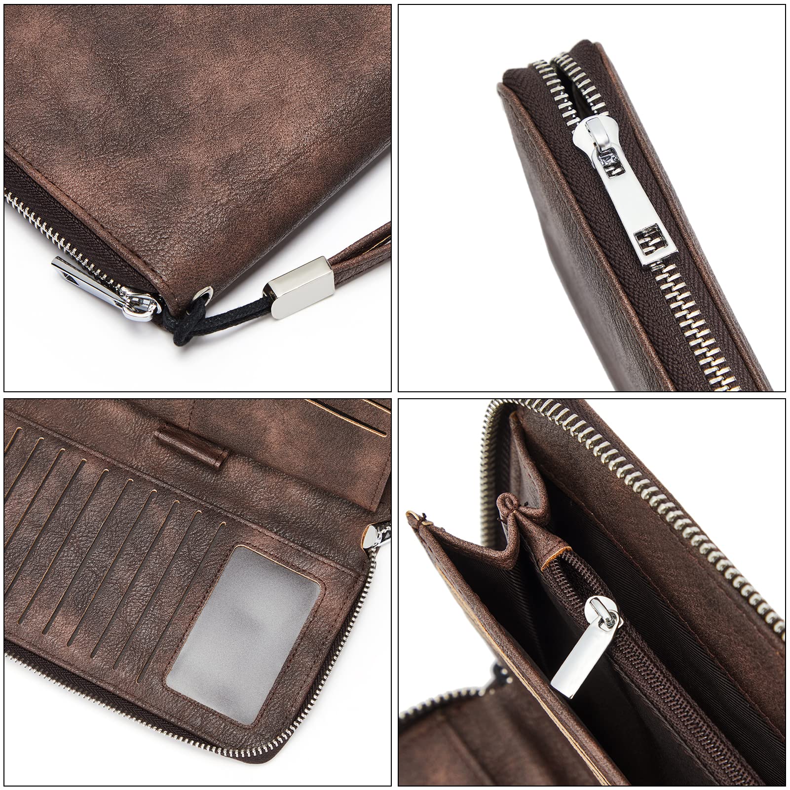 Telena Leather Wallets for Women Slim Zip Around Wristlet Clutch Purse Large Phone Holder Retro Coffee
