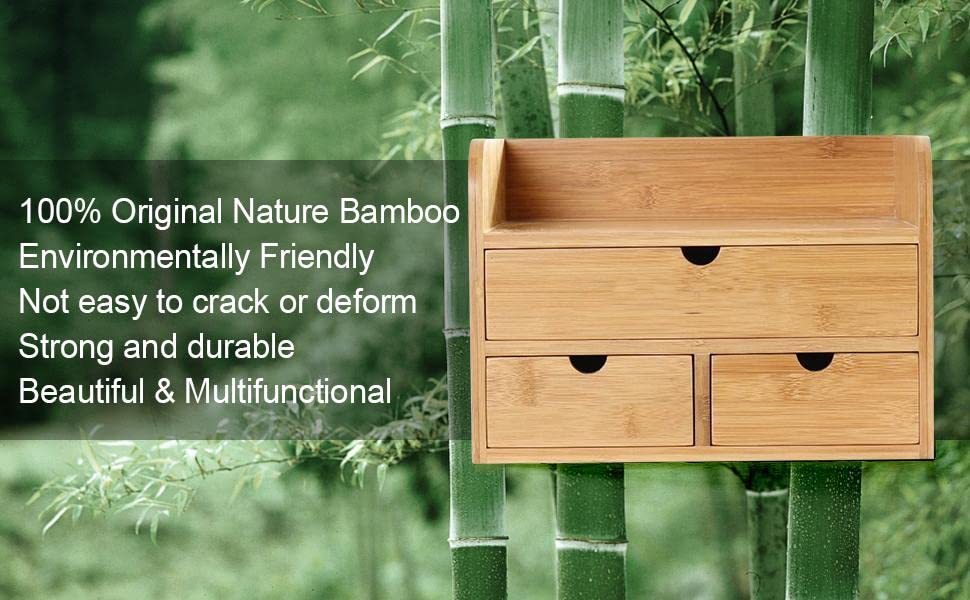 LifeSpace. Bamboo Makeup Organizer, Wooden Bathroom Counter Organizer, Vanity Wood Makeup Organizer with Drawers, Bedside Table Organizer Womens for Skin Care Cosmetics. No Assembly Required.
