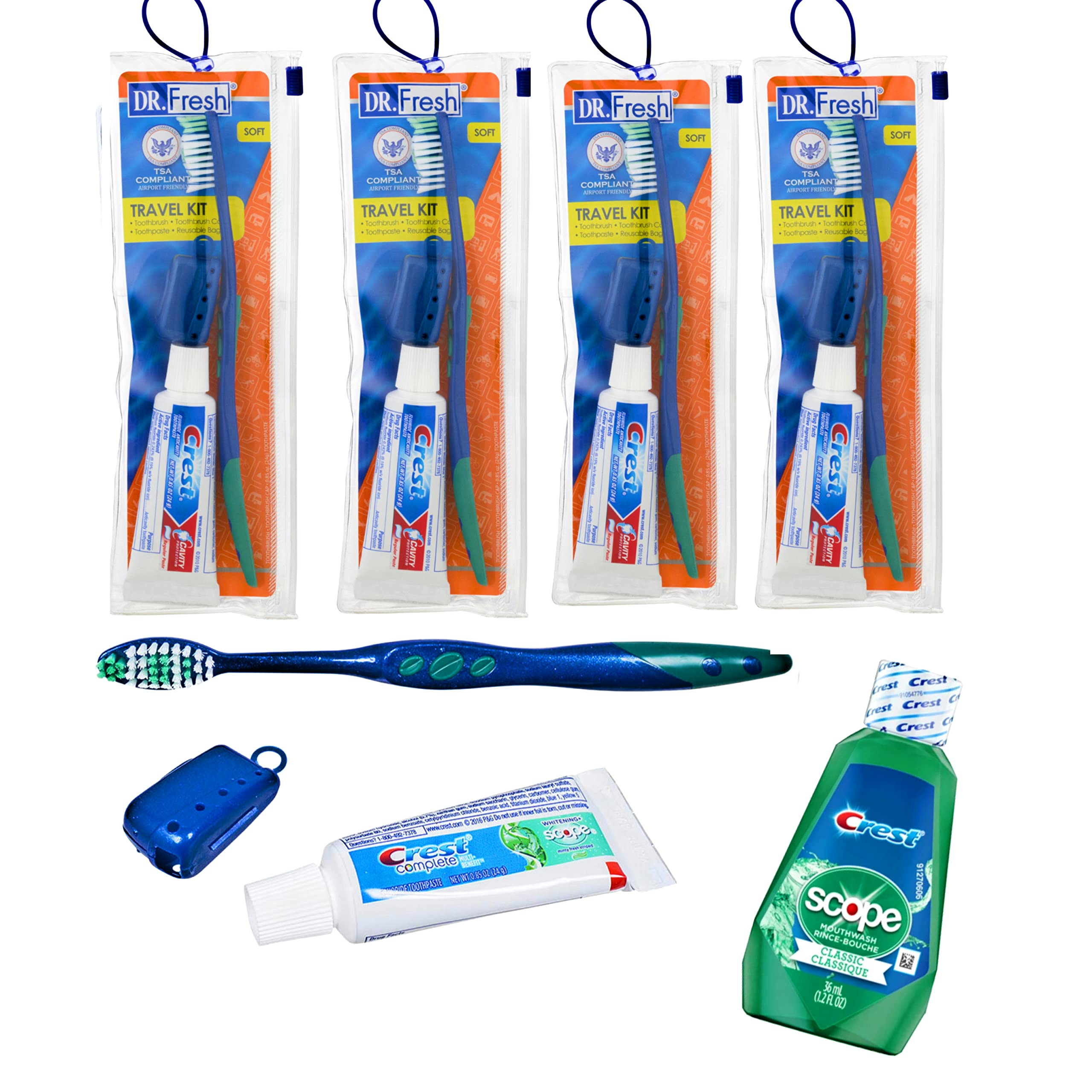Kali Dreams 5 Piece Crest Toothbrush Toothpaste Travel kit, Crest Toothpaste, Crest Scope Mouthwash (Toothbrush, Toothbrush Cap, Mouthwash, Toothpaste, Travel Bag) - 4 Sets