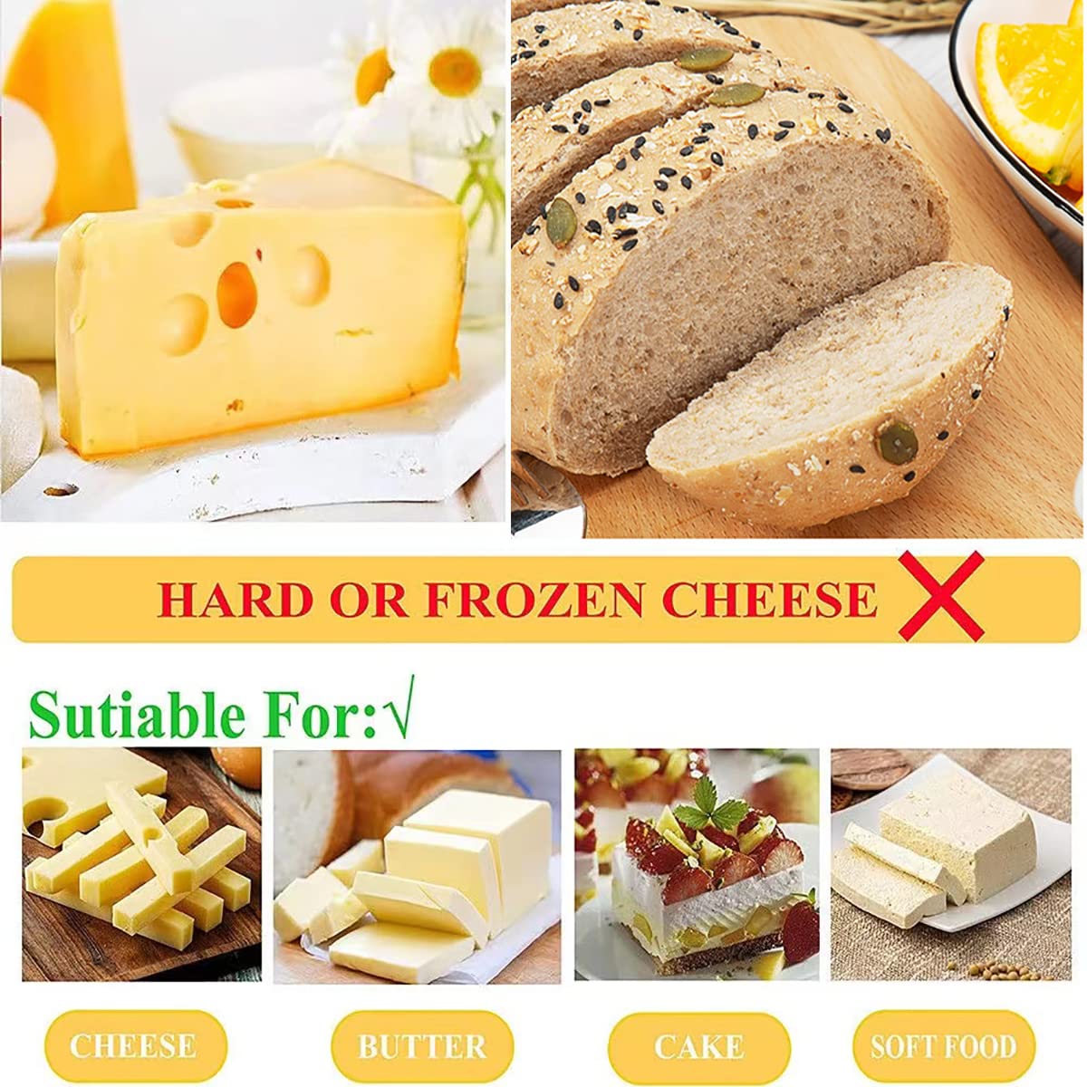 Cheese Slicer Stainless Steel Butter Cutter Cheese Cutter with Precision Scale Plate for Accurate Cuts with Four Replacement Cords and Knife and Fork Set of Four for Cheesecake Butter Sausage