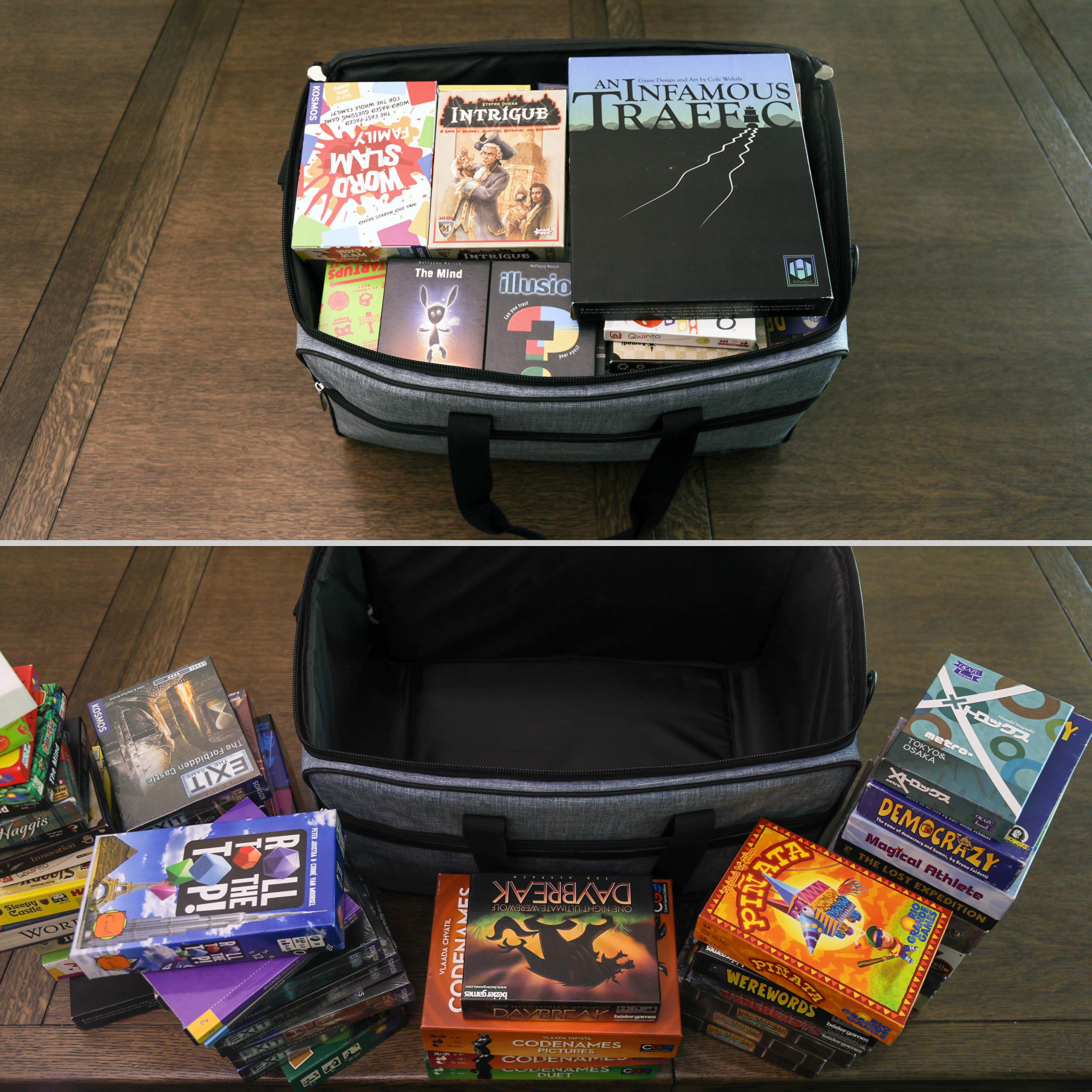 Board Game Bag Bundle - 1 Board Game Bag [Backpack/Luggage Slip/Padded] - (Oxford Gray) & 1 Lightweight Bag - Red [Dual Layer Non-Woven Fabric/Carrying Handle/Zippered Lid]